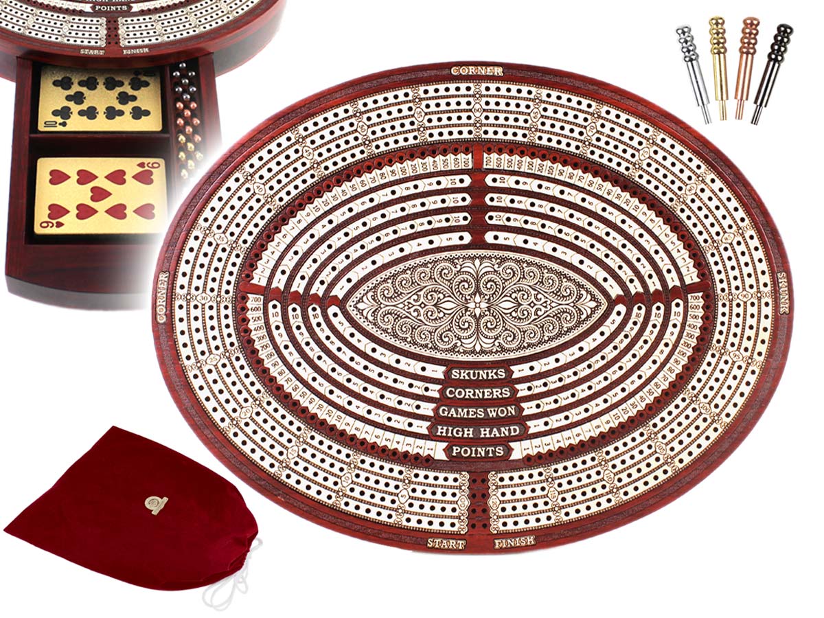 Continuous Cribbage Board Oval Shape 4 Tracks Sliding Lid And Drawer ...